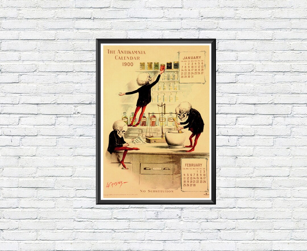 Antikamnia Skeleton Calendar Poster, Vintage Medical Print, Funny ...