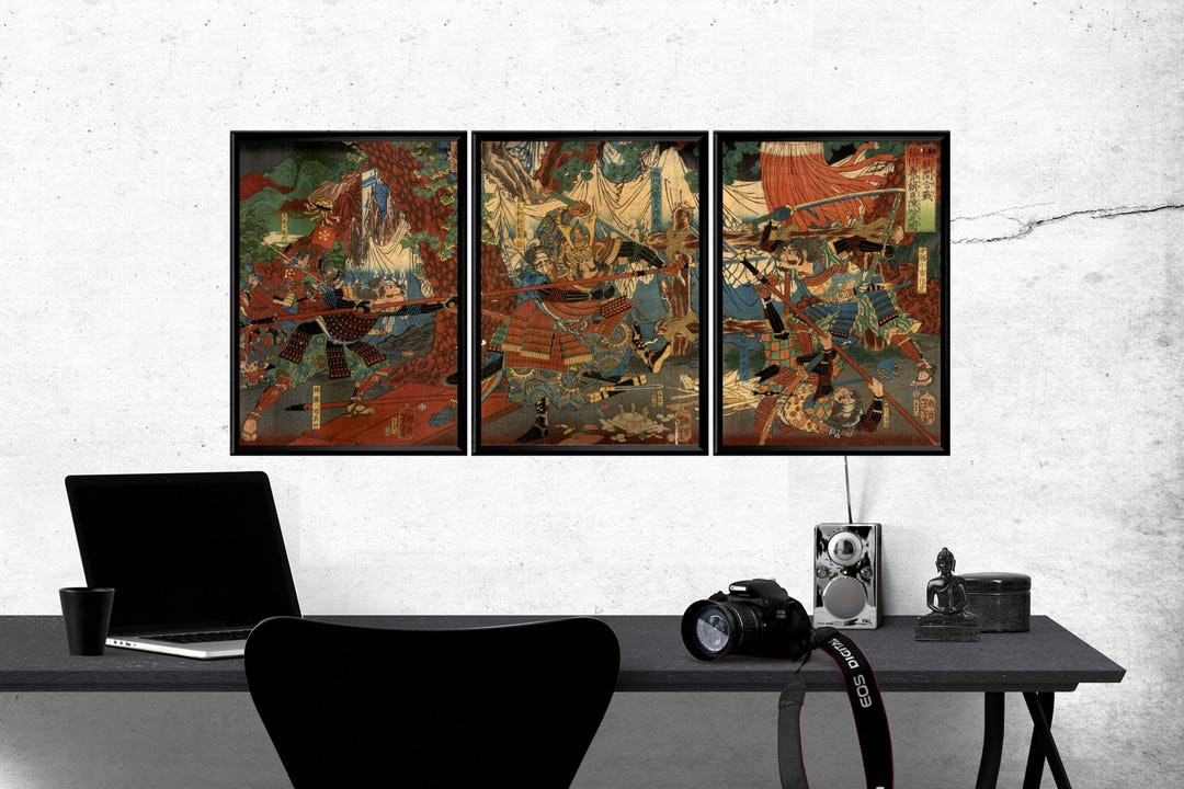 Samurai Battle Ukiyo-e Triptych, Tsukioka Yoshitoshi Print Set, Vintage ...