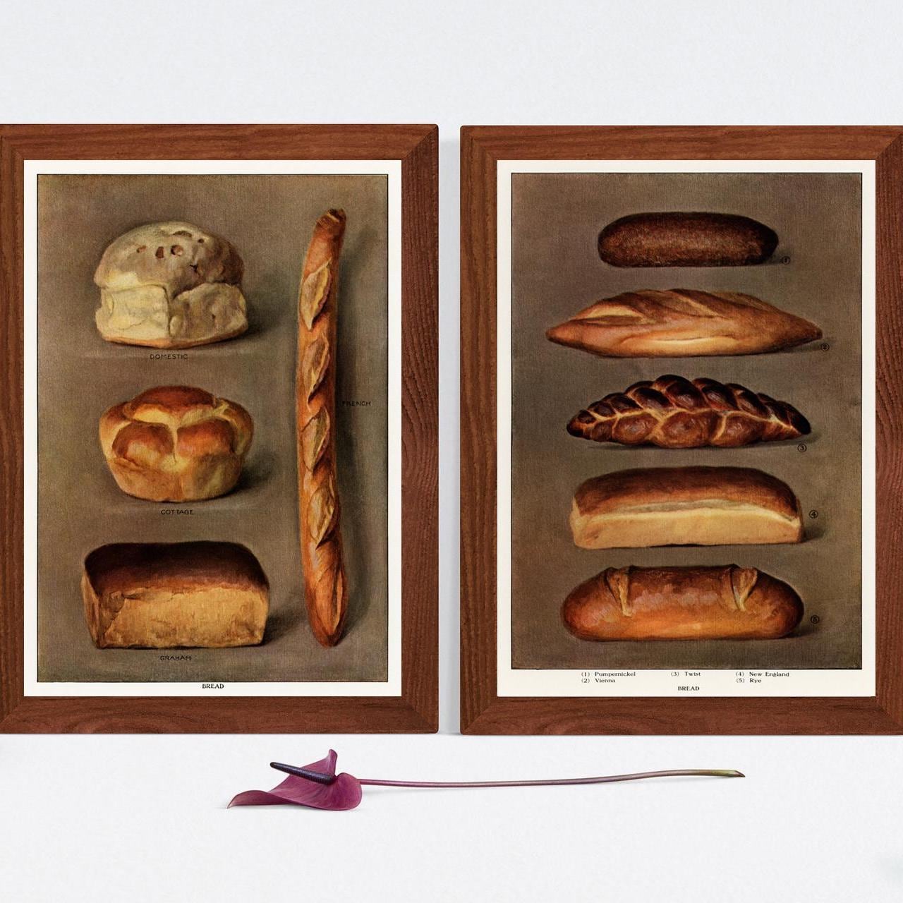 Vintage Bread Poster Set, Antique Bakery Prints, Farmhouse Kitchen Wall ...