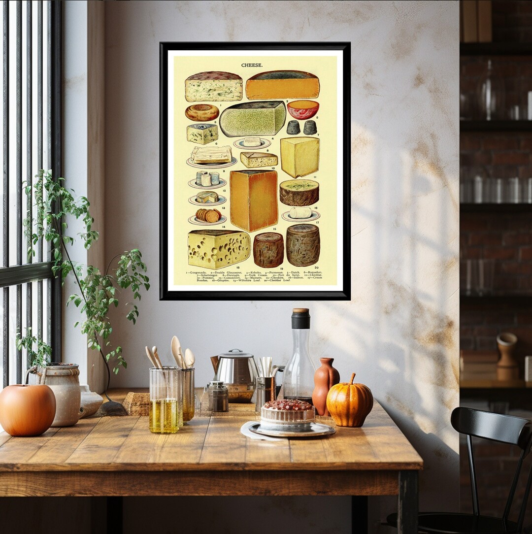 Vintage Cheese Chart Poster, Kitchen Wall Art Print, Antique Culinary ...