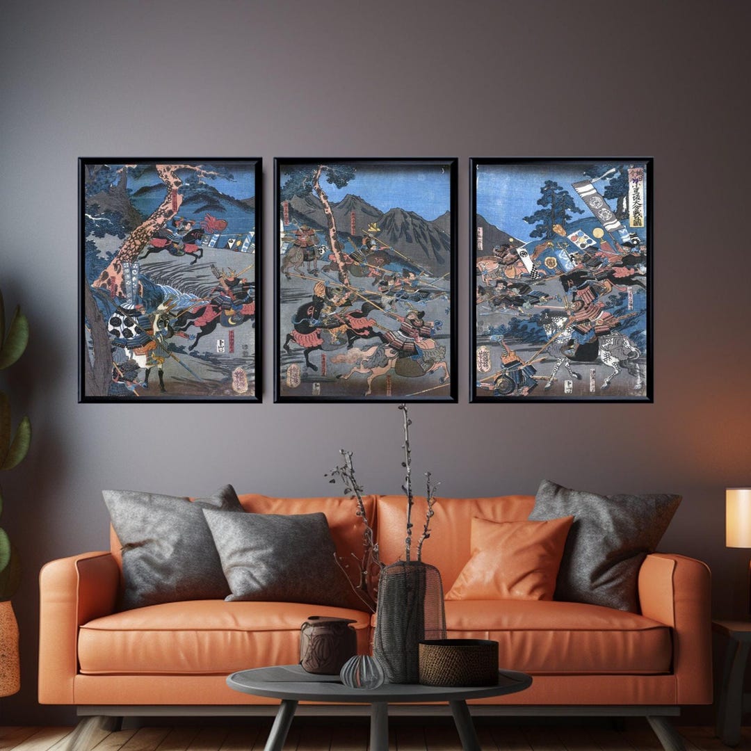Samurai Warriors Battle Triptych, Utagawa Yoshitora Art Print, Japanese ...