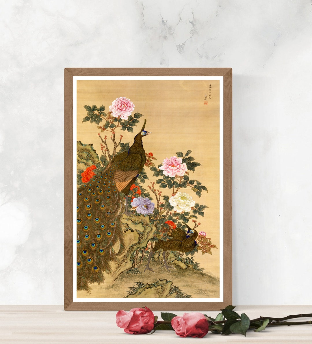 Peacocks and Peonies Poster Vintage Japanese Flower and Bird Art Print ...