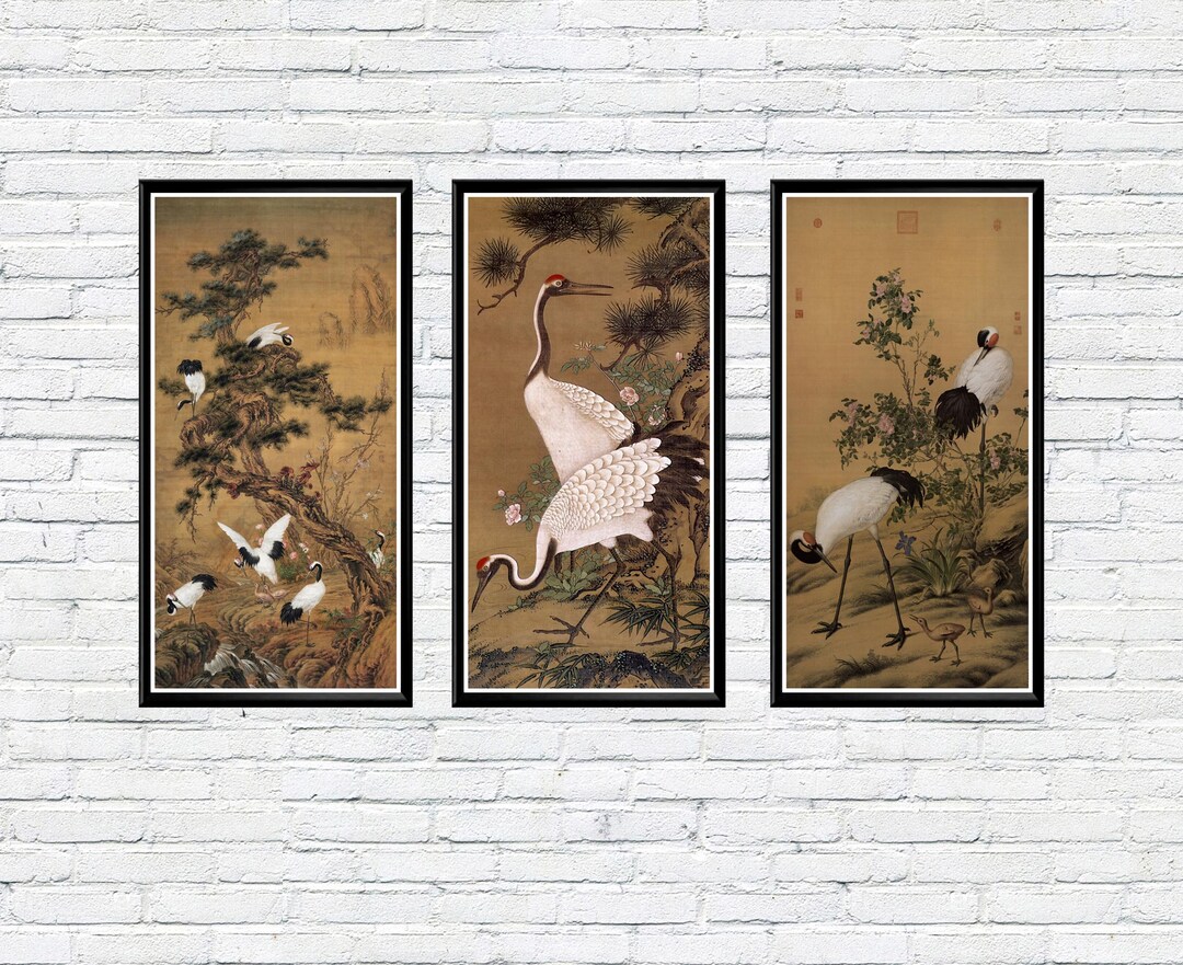 Set of 3 Antique Crane Posters, Vintage Bird and Nature Art Triptych ...