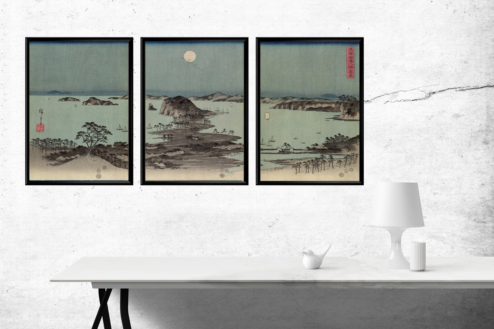 Vintage Japanese Triptych Art Print, 19th Century Moonlit Seascape by ...