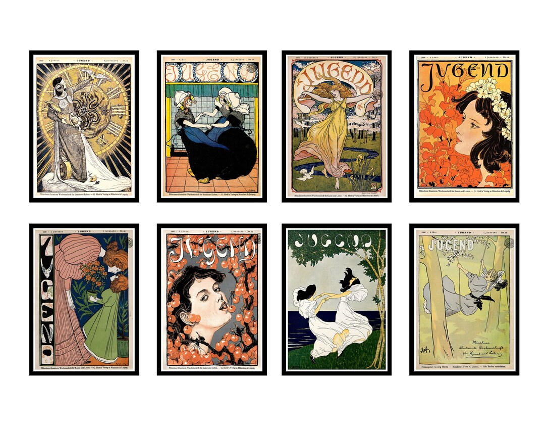Set of 8 Vintage Jugend Magazine Covers Reproductions, Art Nouveau ...