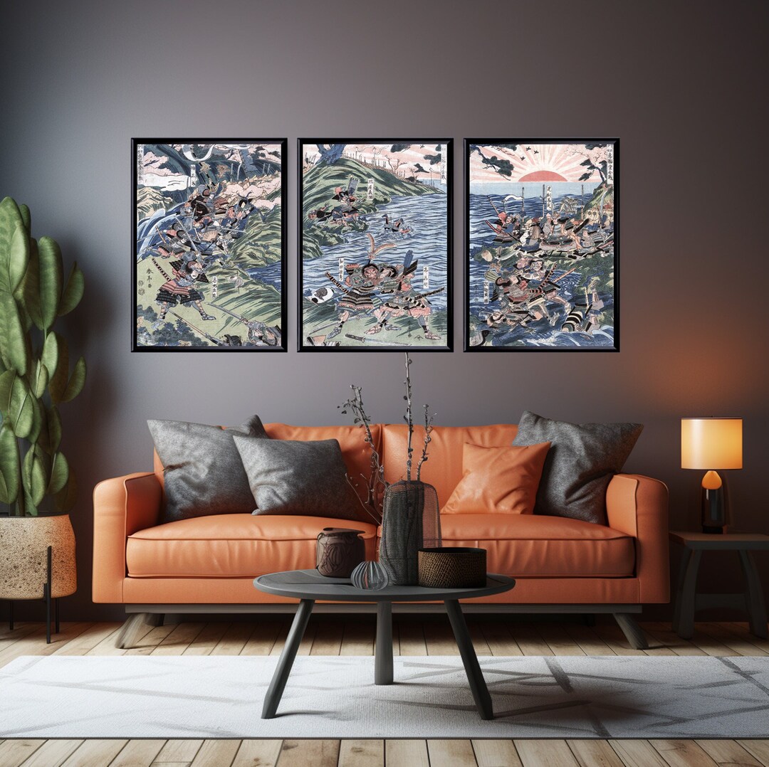 Samurai Battle Triptych, Vintage Japanese Warrior Art Posters ...