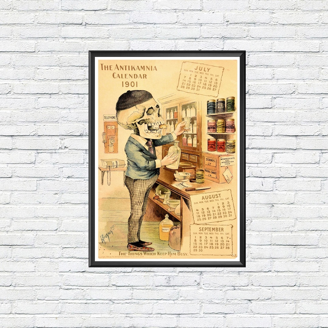 Antikamnia Calendar 1901 Poster – Skeleton Pharmacist, Apothecary Decor ...