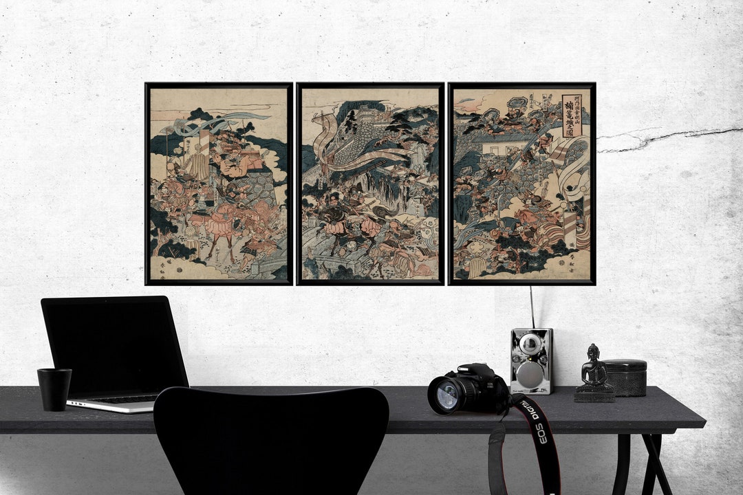 Samurai Art Triptych Battle Japanese Warriors Vintage Posters Set of 3 ...