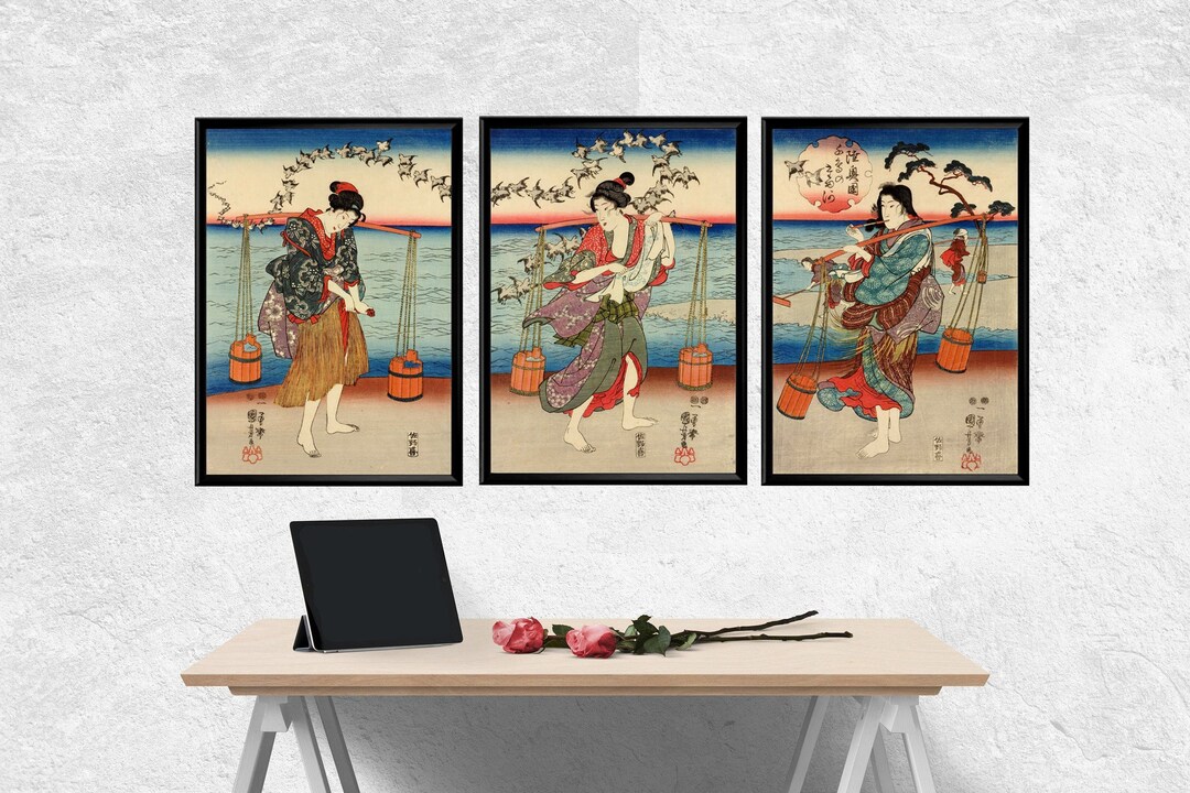 Japanese Triptych Three Japanese Women and Plover Birds - Etsy