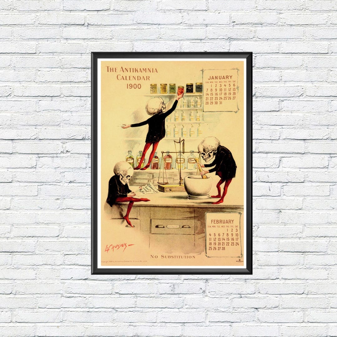 Antikamnia Skeleton Calendar Poster, Vintage Medical Print, Funny ...
