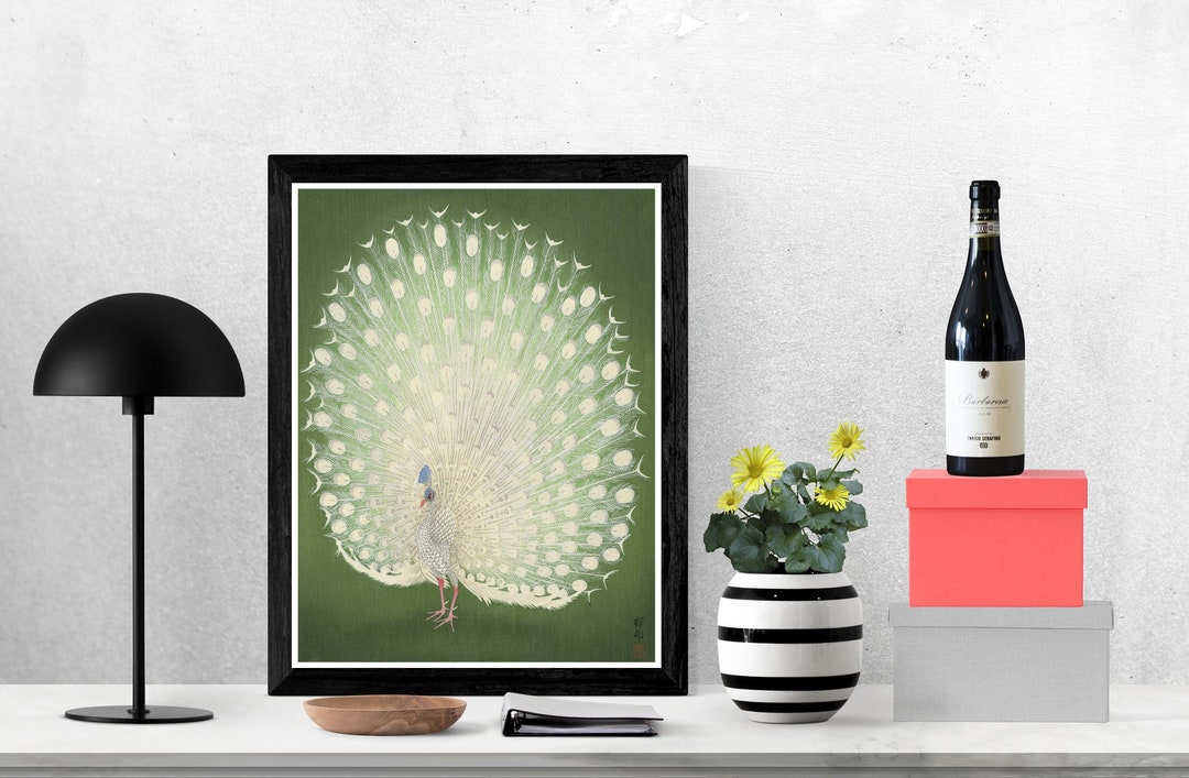 White Peacock Poster Vintage Japanese Bird Art Woodblock Print Etsy