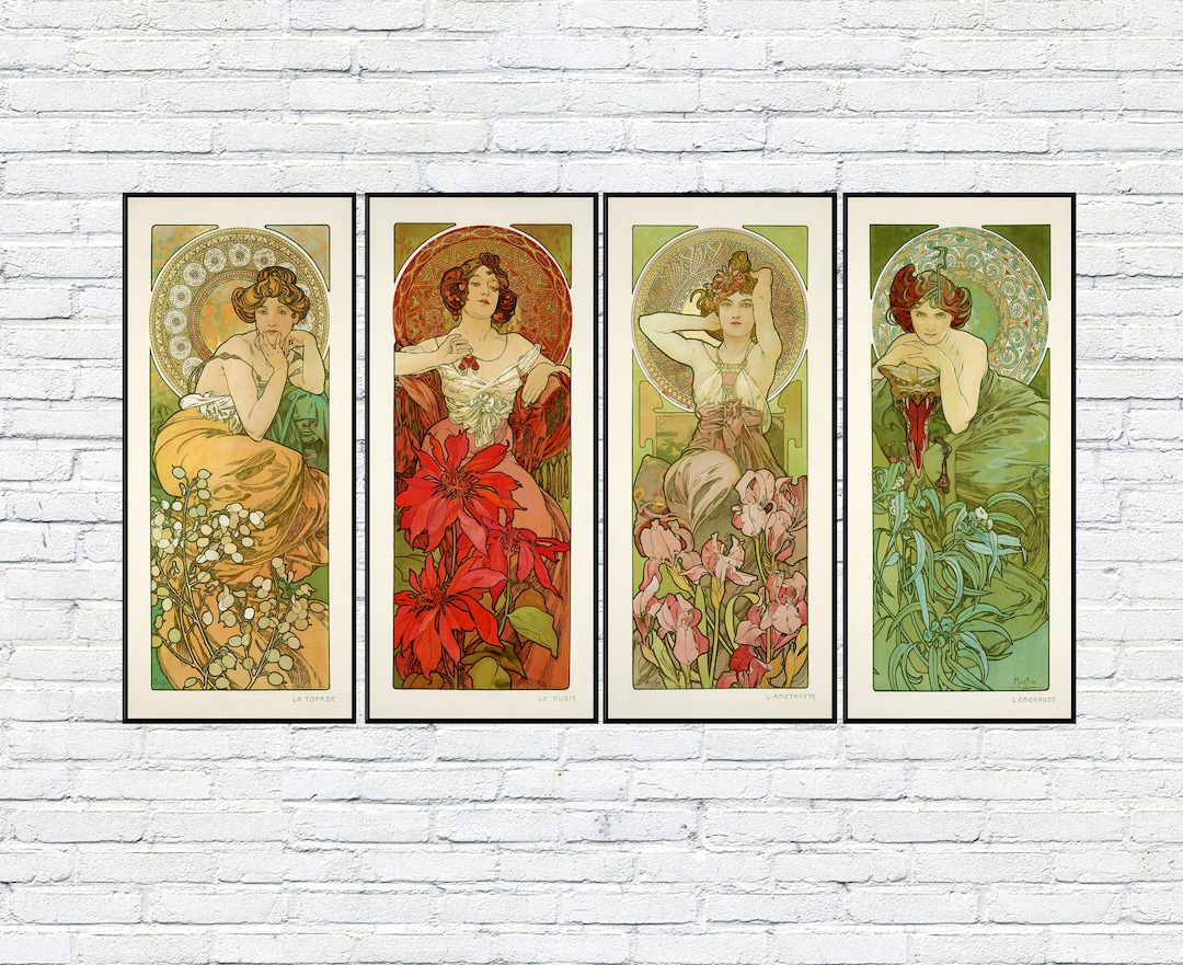 Alphonse Mucha Precious Gems Posters Set, Art Nouveau Women ...