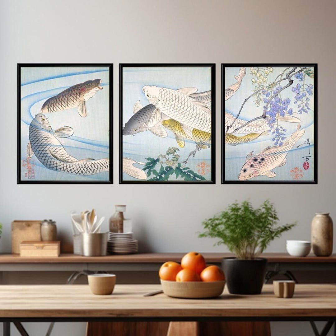 Japanese Koi Fish Triptych, Tsukioka Yoshitoshi Art, Vintage Woodblock ...