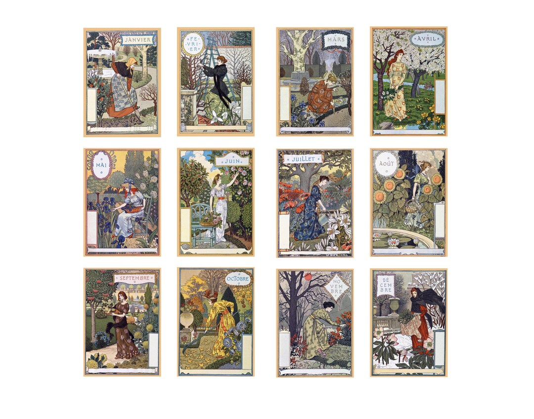 Vintage French Calendar Prints Postcard Set, 12 Art Nouveau Monthly ...