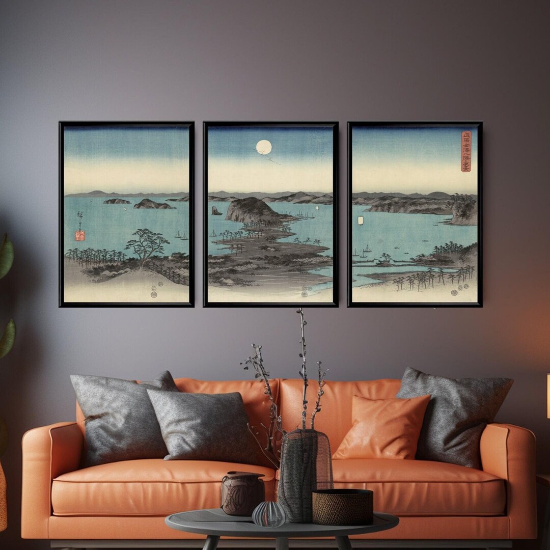 Nautical Japanese Triptych, Utagawa Hiroshige Moonlit Landscape ...