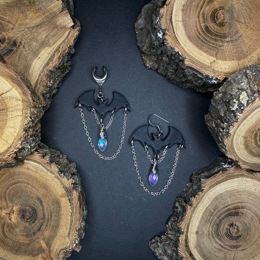 Zira: Bats With Chains and Glass Drops Earrings for Stretched Ears Ear ...