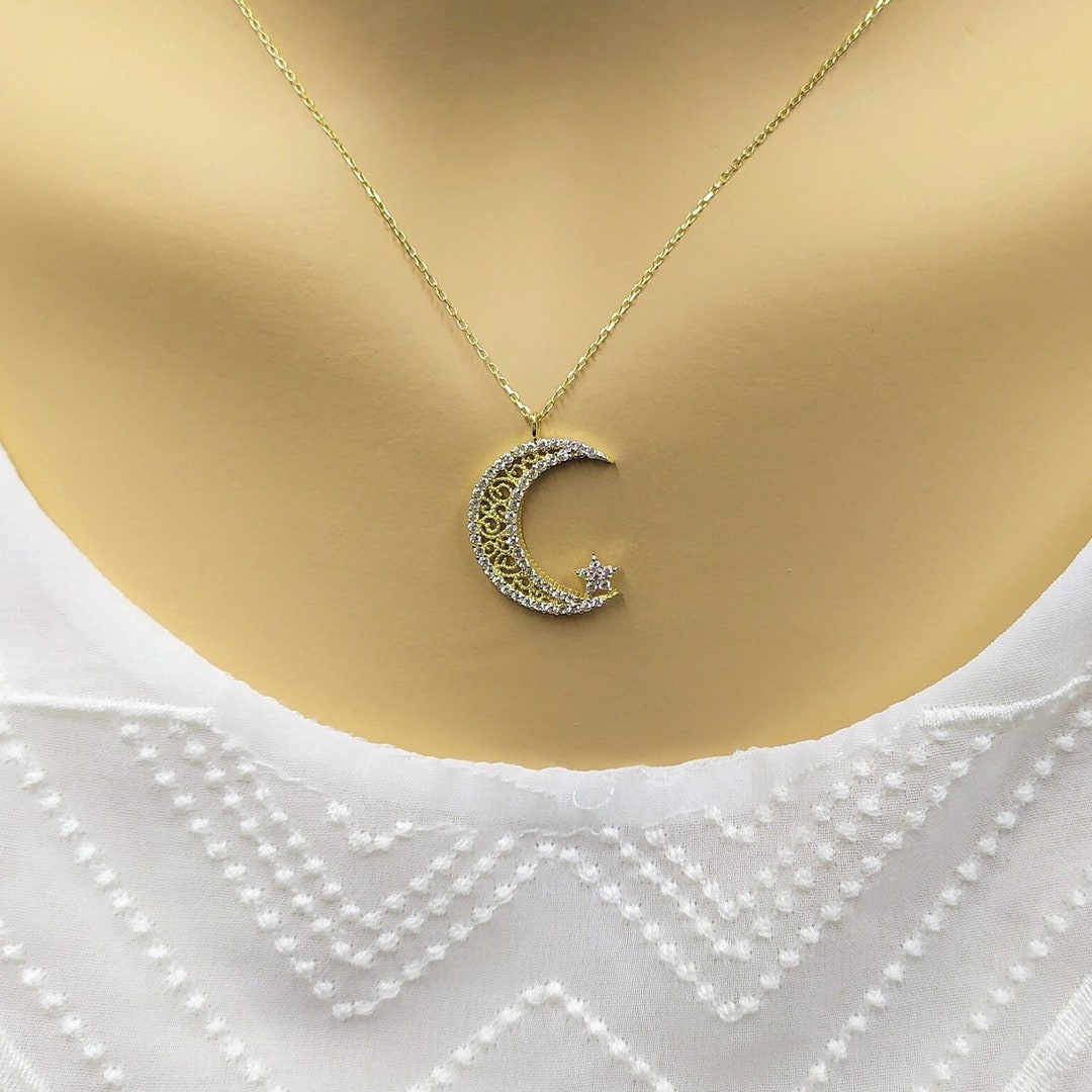 14k Gold Moon Star Necklace Real Gold Pendant Crescent Moon Star - Etsy