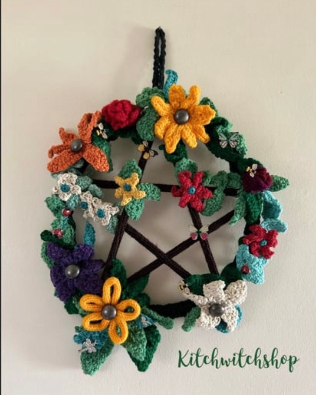 Crochet Wreath, Floral, Pagan Design, Nature, Handmade, Pentagram, Home ...