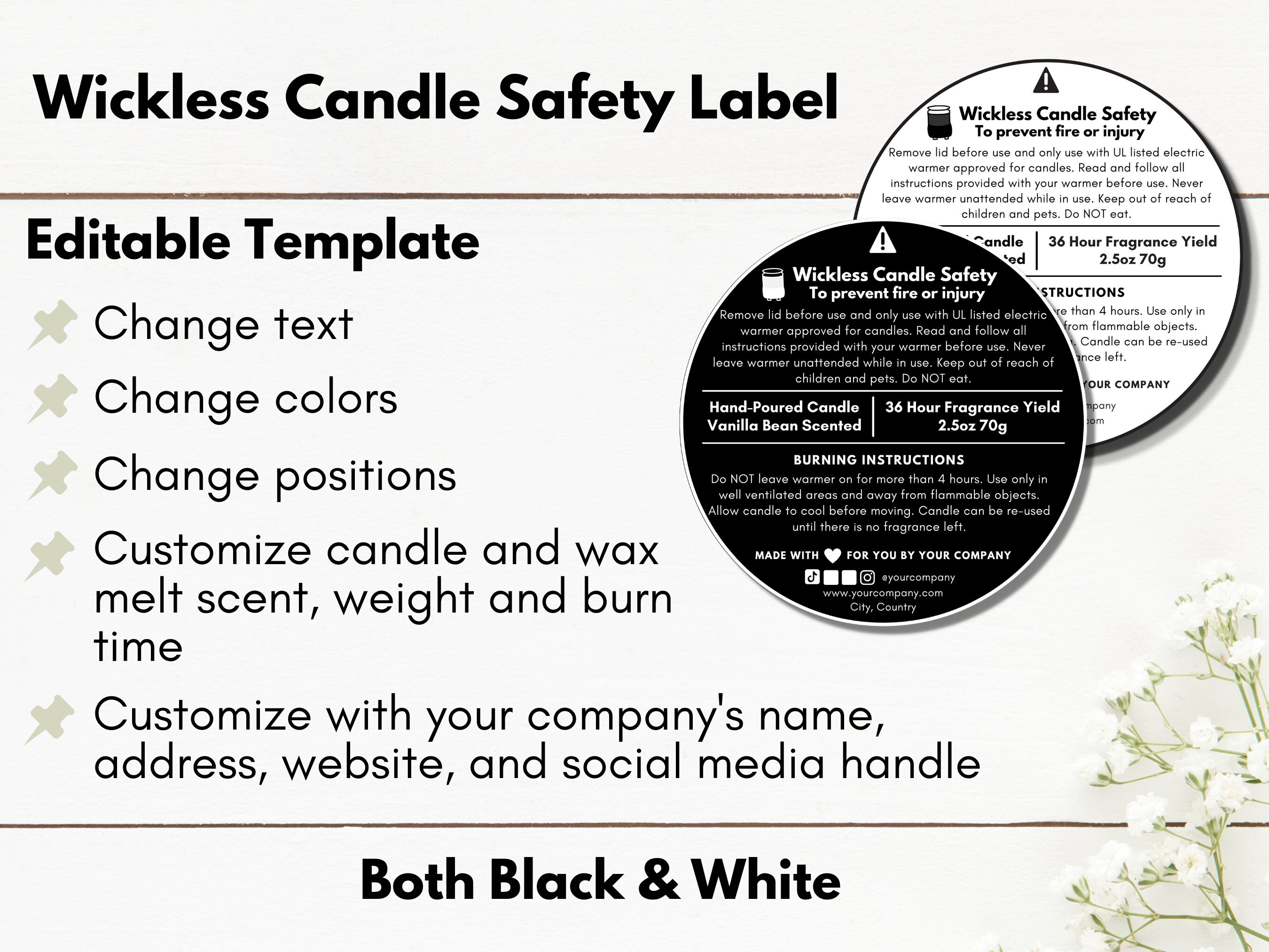 Editable Wickless Candle Safety Label Template With Canva, Digital ...