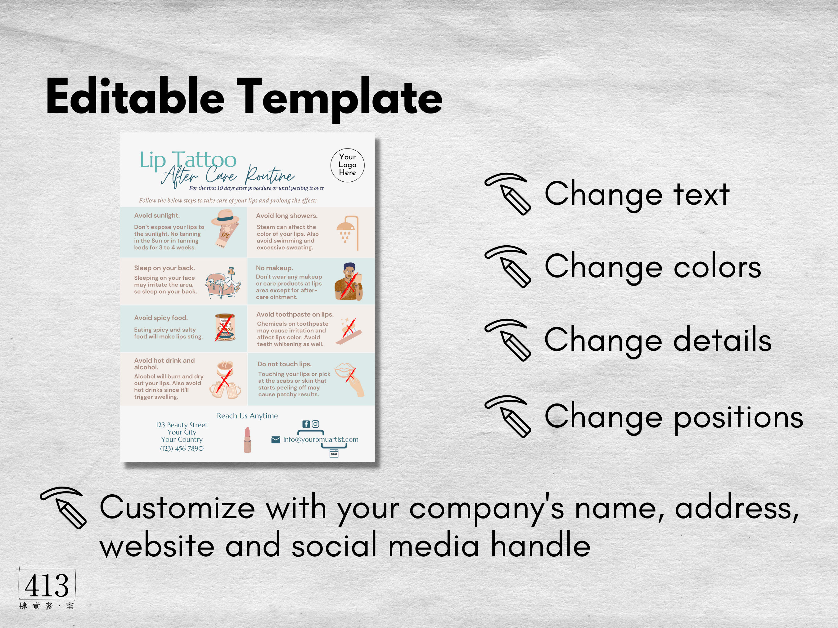 PMU After Care Card Template Editable With Canva, PMU Lip Tattoo ...