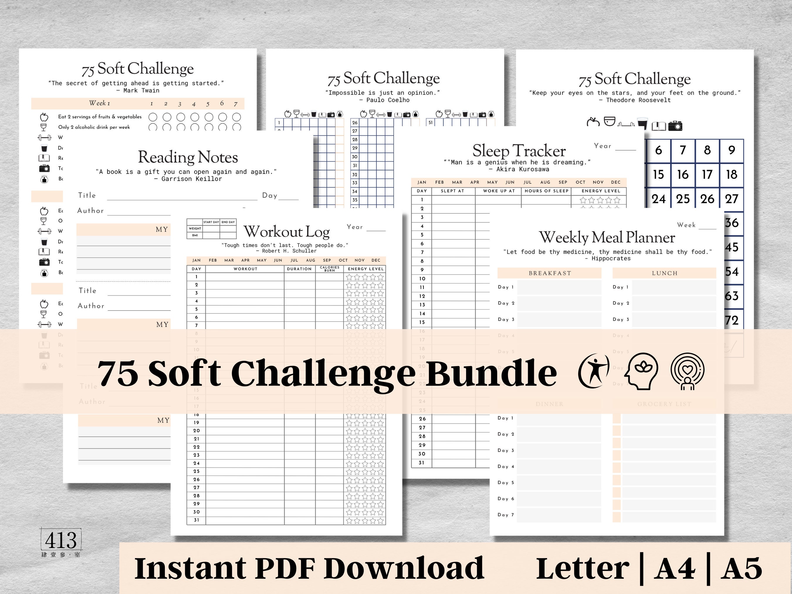 75 Soft Challenge Tracker, 75 Soft Tracker, Habit Tracker, Weekly Meal ...