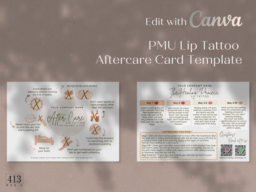 PMU After Care Card Template Editable With Canva, PMU Lip Tattoo ...