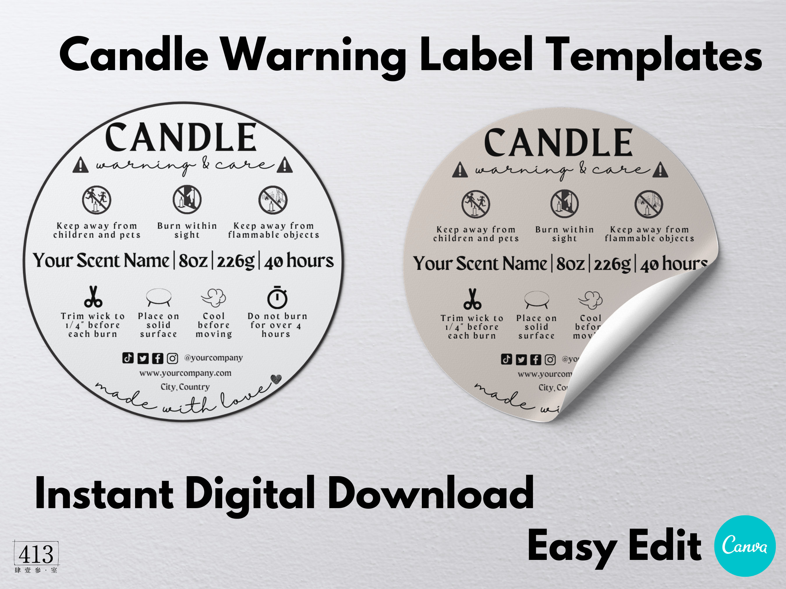 Candle Safety Label Template, Candle Warning Sticker Canva Template ...