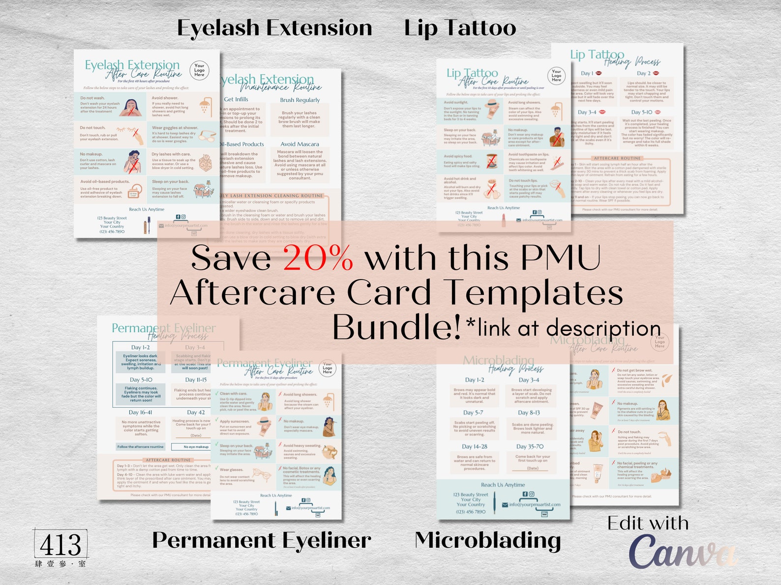 PMU After Care Card Template Editable With Canva, PMU Lip Tattoo ...