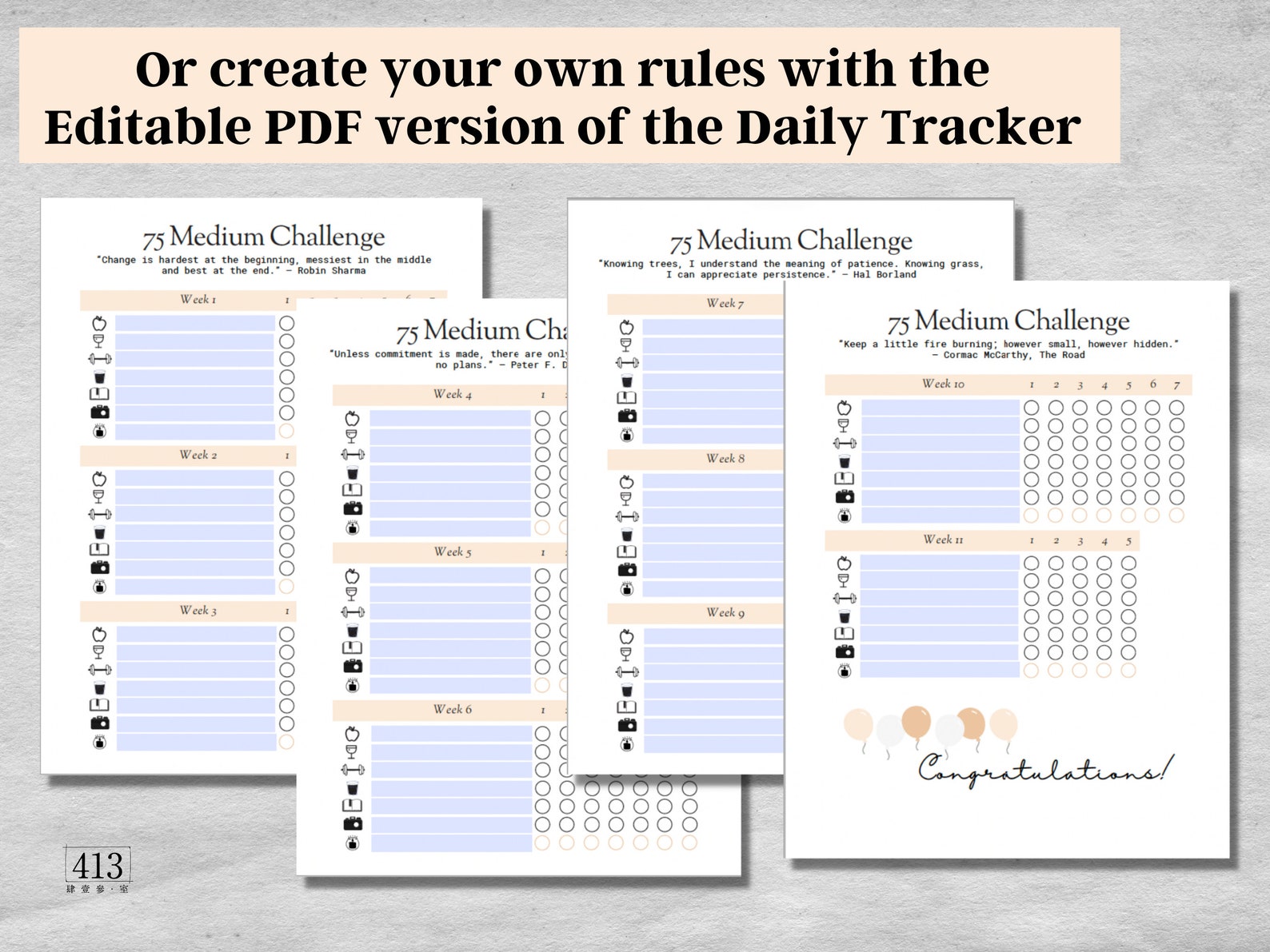 Editable 75 Medium Challenge Tracker, Habit Tracker, 75 Medium Planner ...