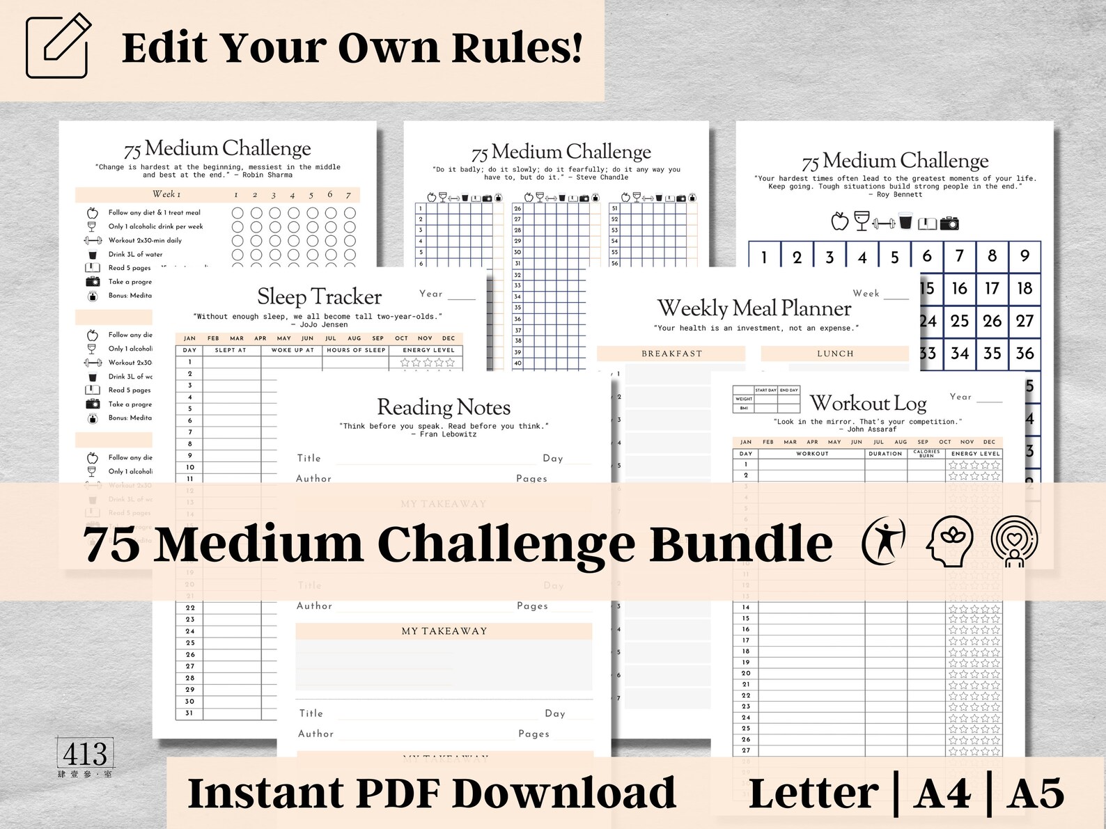 Editable 75 Medium Challenge Tracker, Habit Tracker, 75 Medium Planner ...