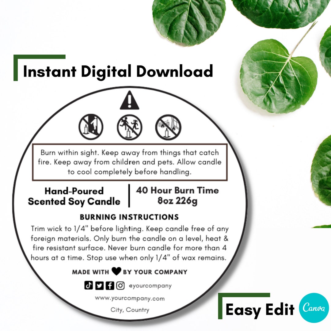 Editable Round Candle Warning Label Template With Canva, Digital ...