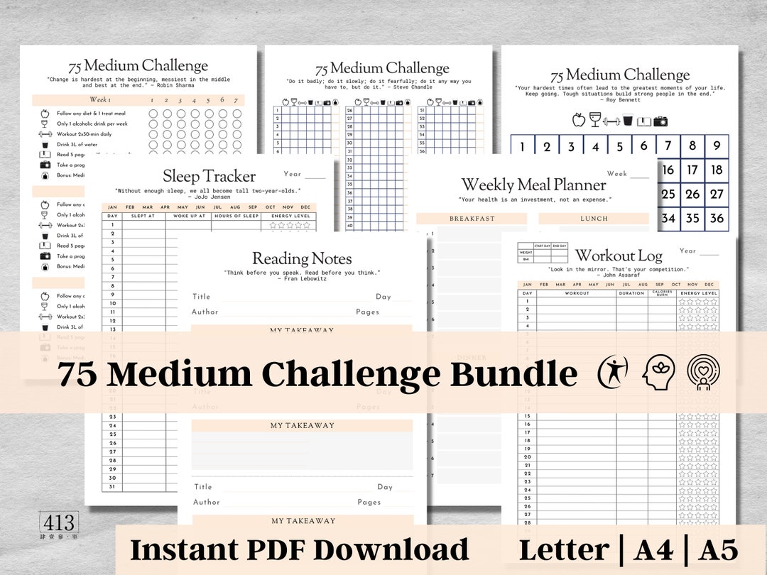 75 Medium Challenge Tracker, Habit Tracker, 75 Medium Planner, Meal ...