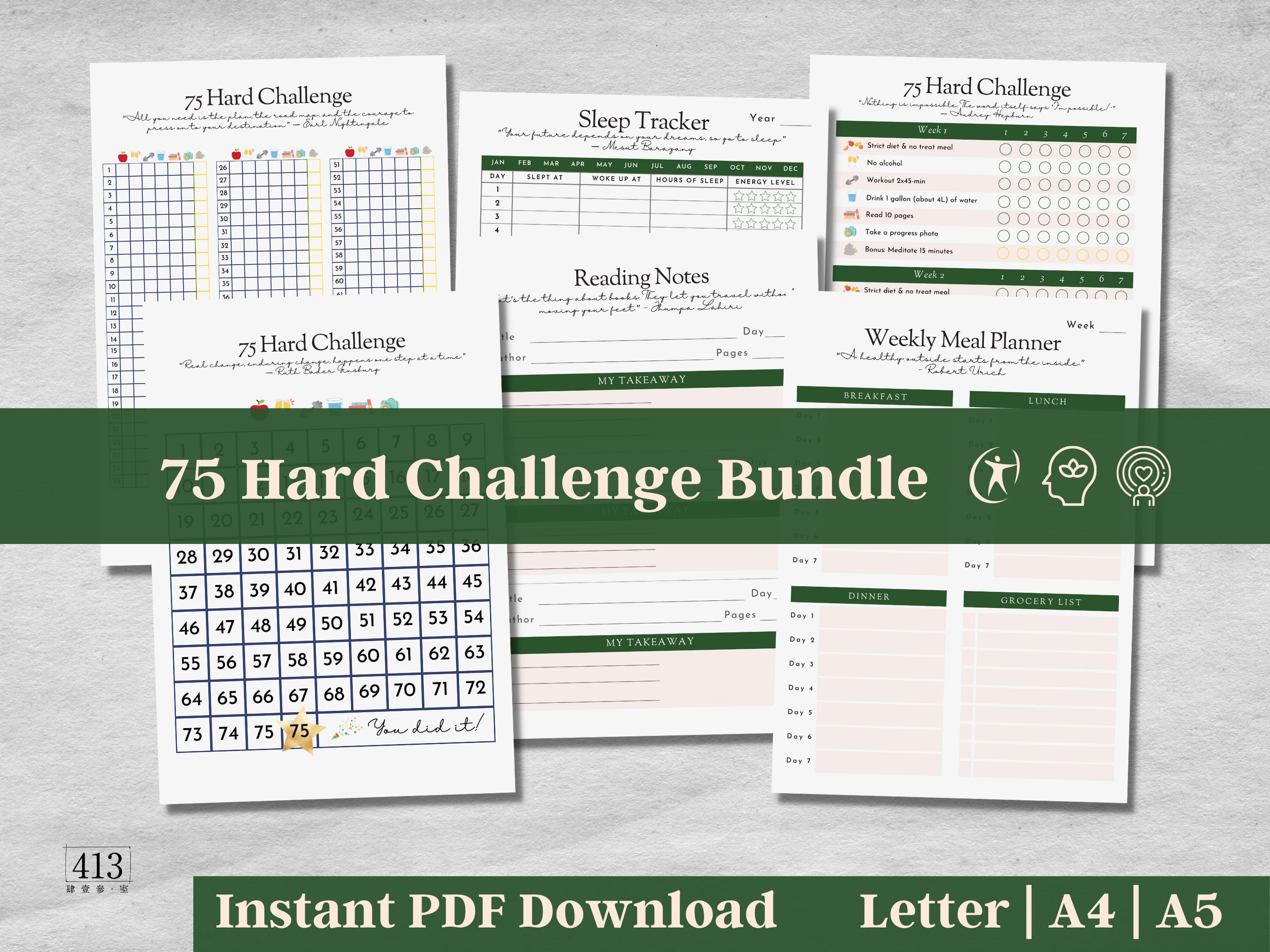 75 Hard Challenge Tracker Habit Tracker 75 Hard Planner | Etsy