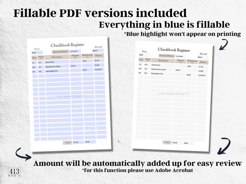 Editable Checkbook Register, Printable Transaction Log, Check Register ...