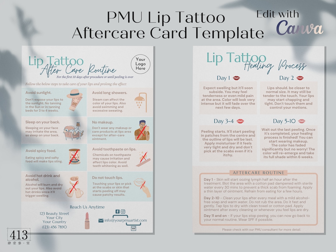 PMU After Care Card Template Editable With Canva, PMU Lip Tattoo ...