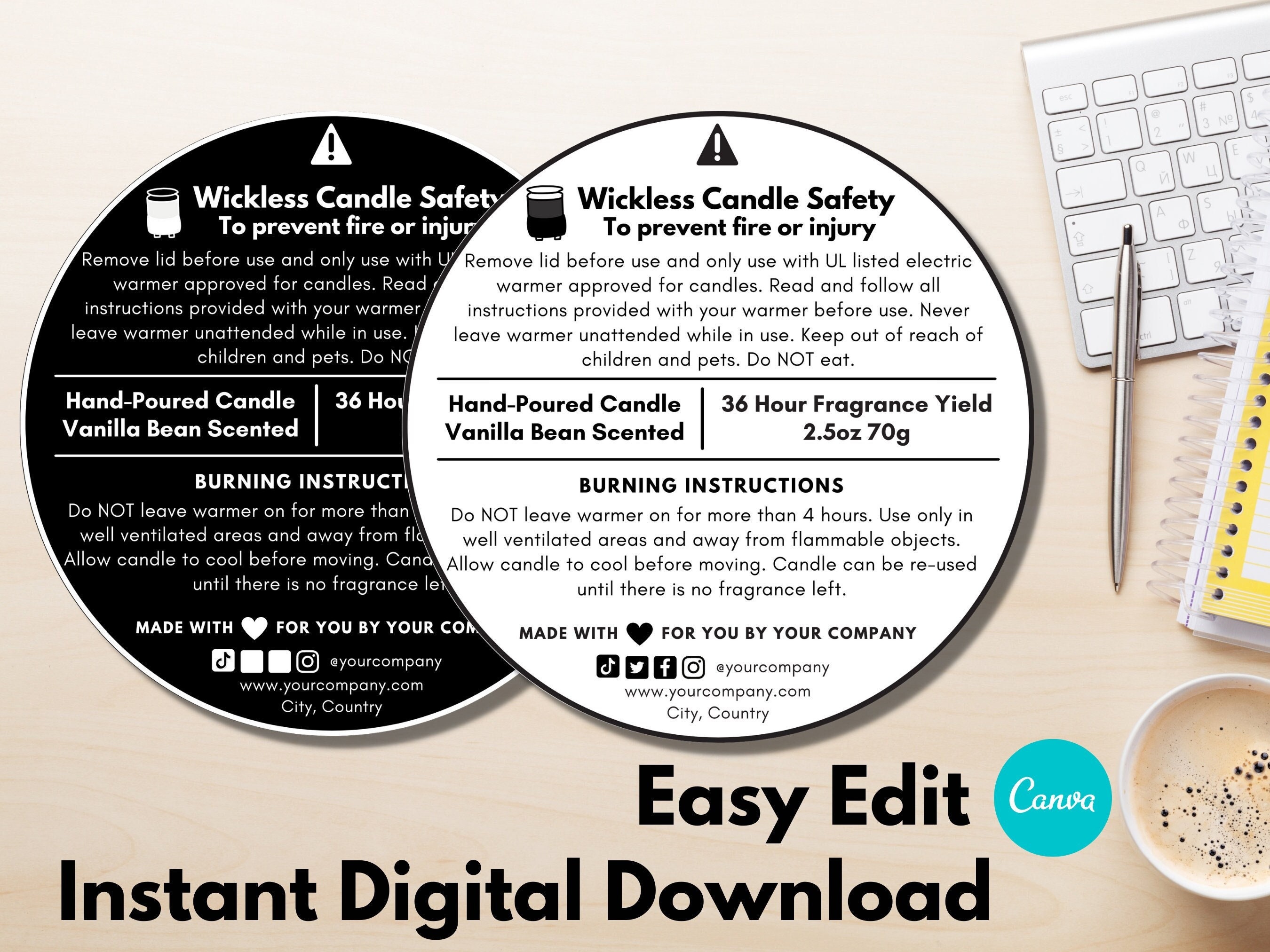 Editable Wickless Candle Safety Label Template With Canva, Digital ...
