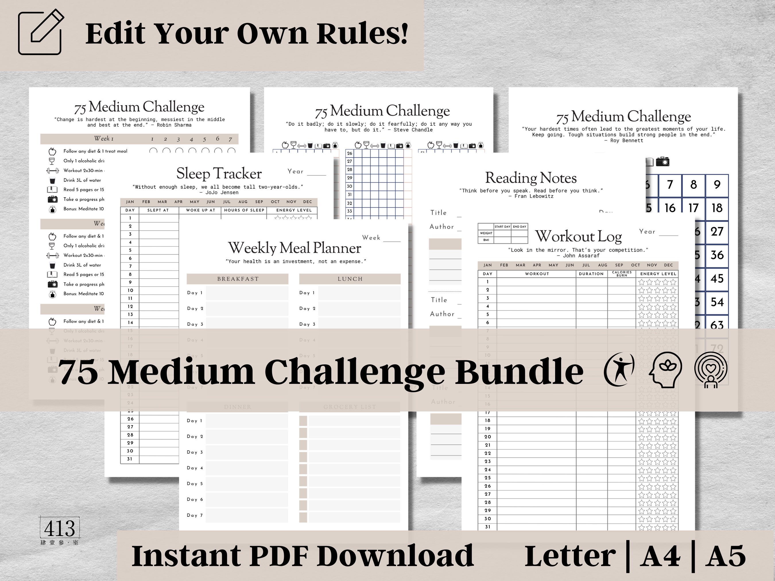 Editable 75 Medium Challenge Tracker, Habit Tracker, 75 Medium Planner ...