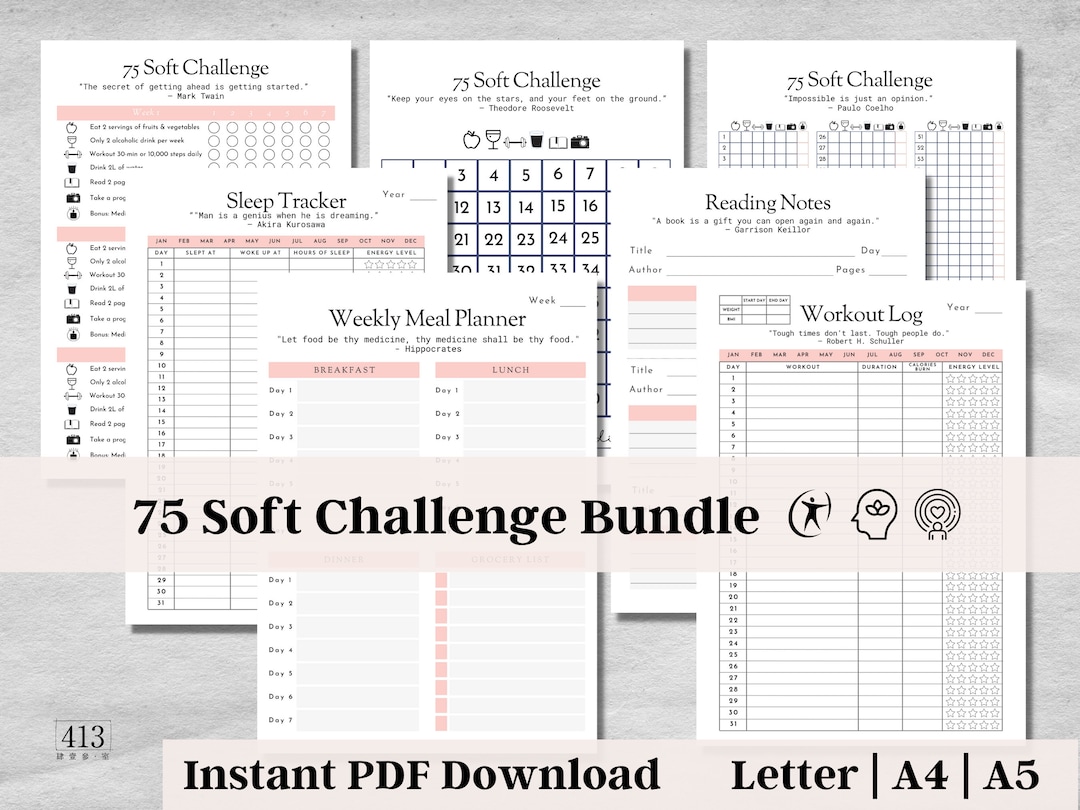 75 Soft Challenge Tracker, Habit Tracker, 75 Soft Planner, Weekly Meal ...