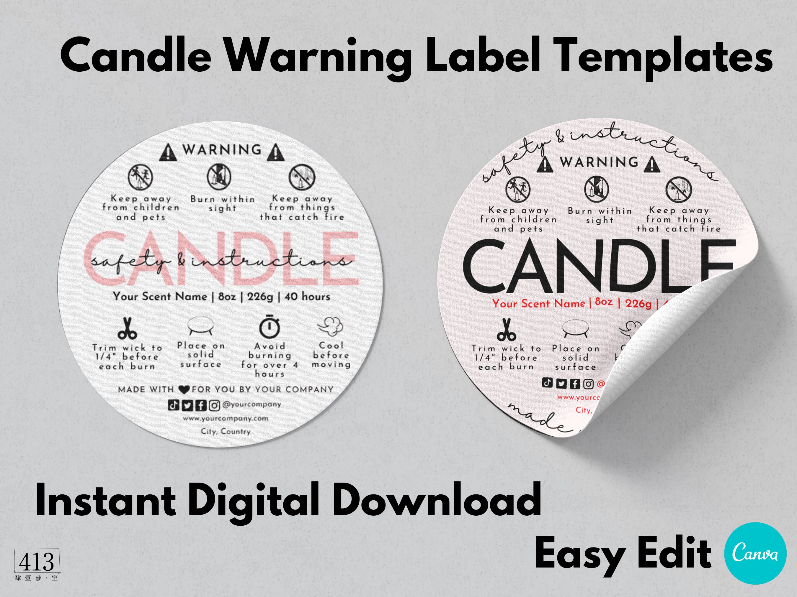 Candle Warning Label Template, Canva Candle Safety Label, Candle Safety ...