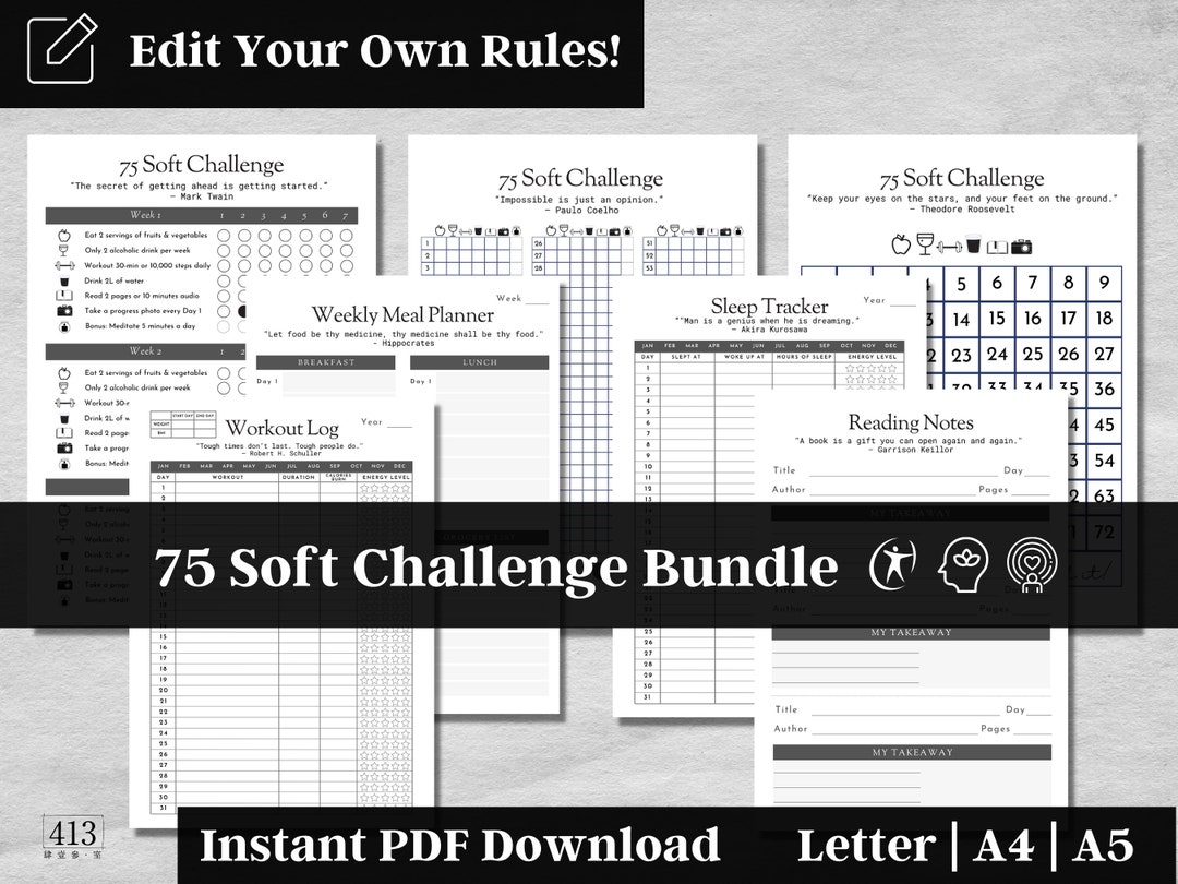 Editable 75 Soft Challenge Tracker, Habit Tracker, 75 Soft Planner ...