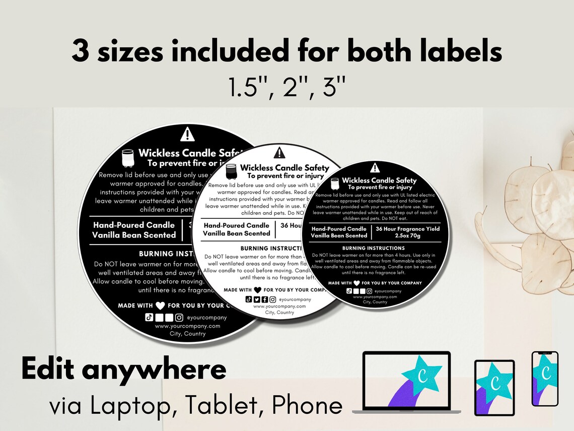Editable Wickless Candle Safety Label Template With Canva, Digital ...