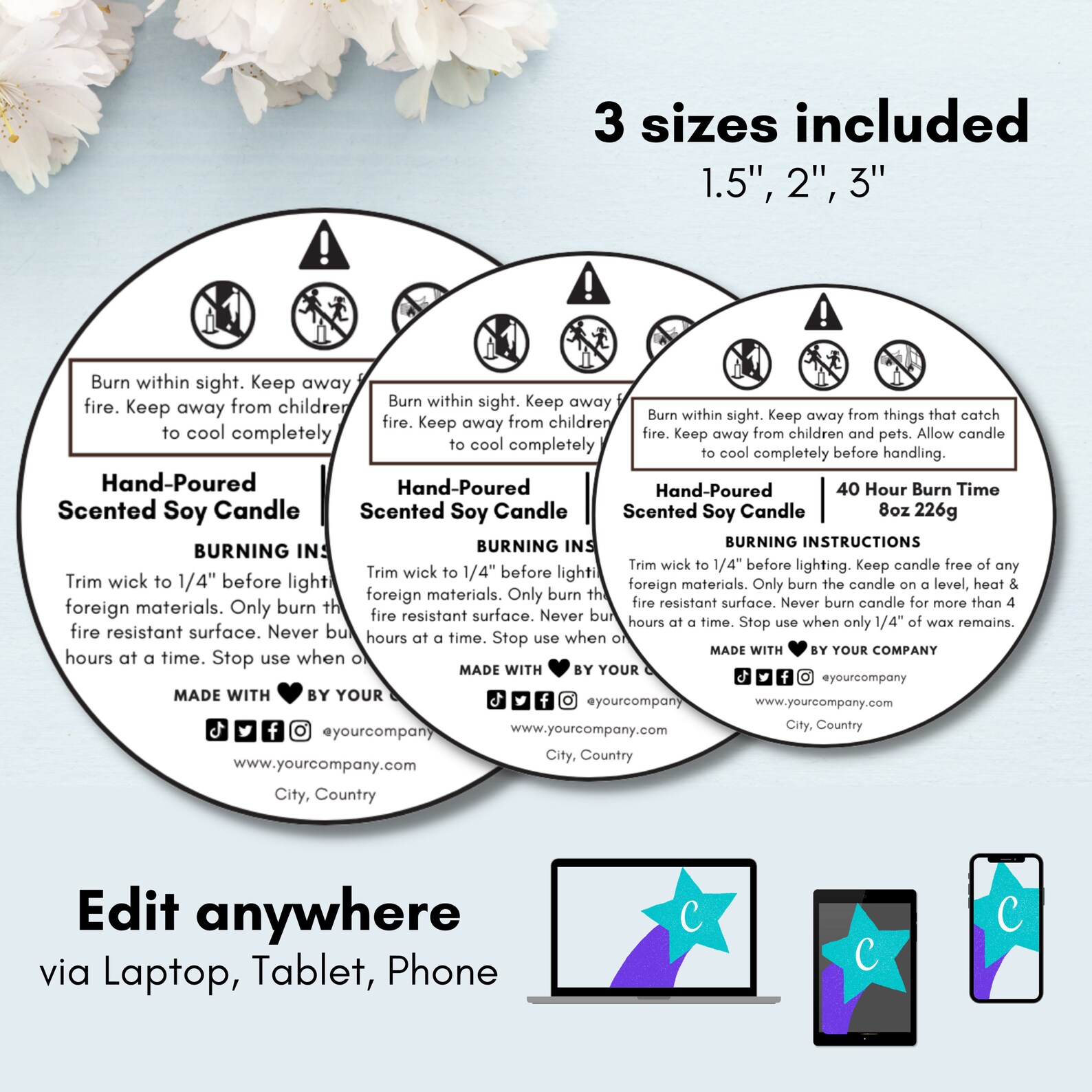 Editable Round Candle Warning Label Template With Canva, Digital ...