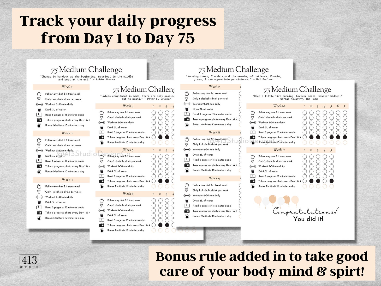 Editable 75 Medium Challenge Tracker, Habit Tracker, 75 Medium Planner ...