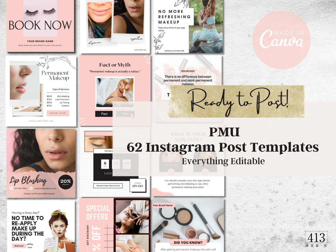 Permanent Makeup Instagram Post Templates, 62 Editable PMU Social Media ...