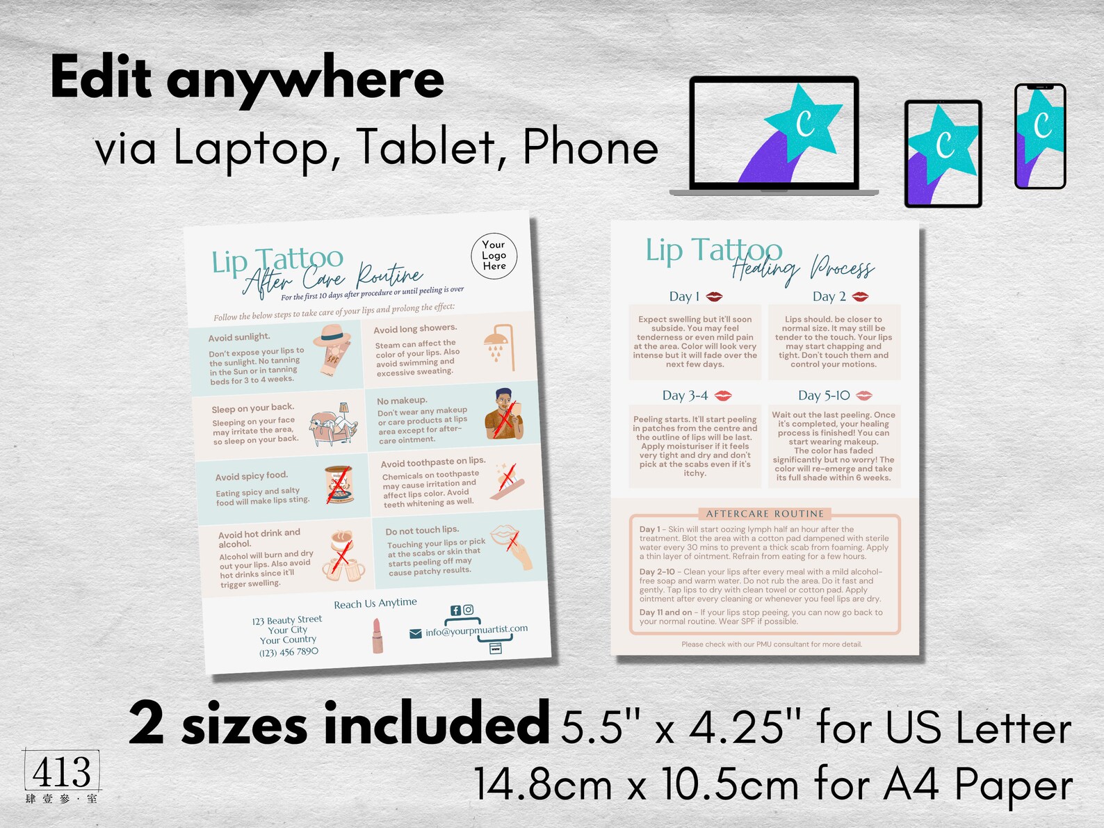 PMU After Care Card Template Editable With Canva, PMU Lip Tattoo ...