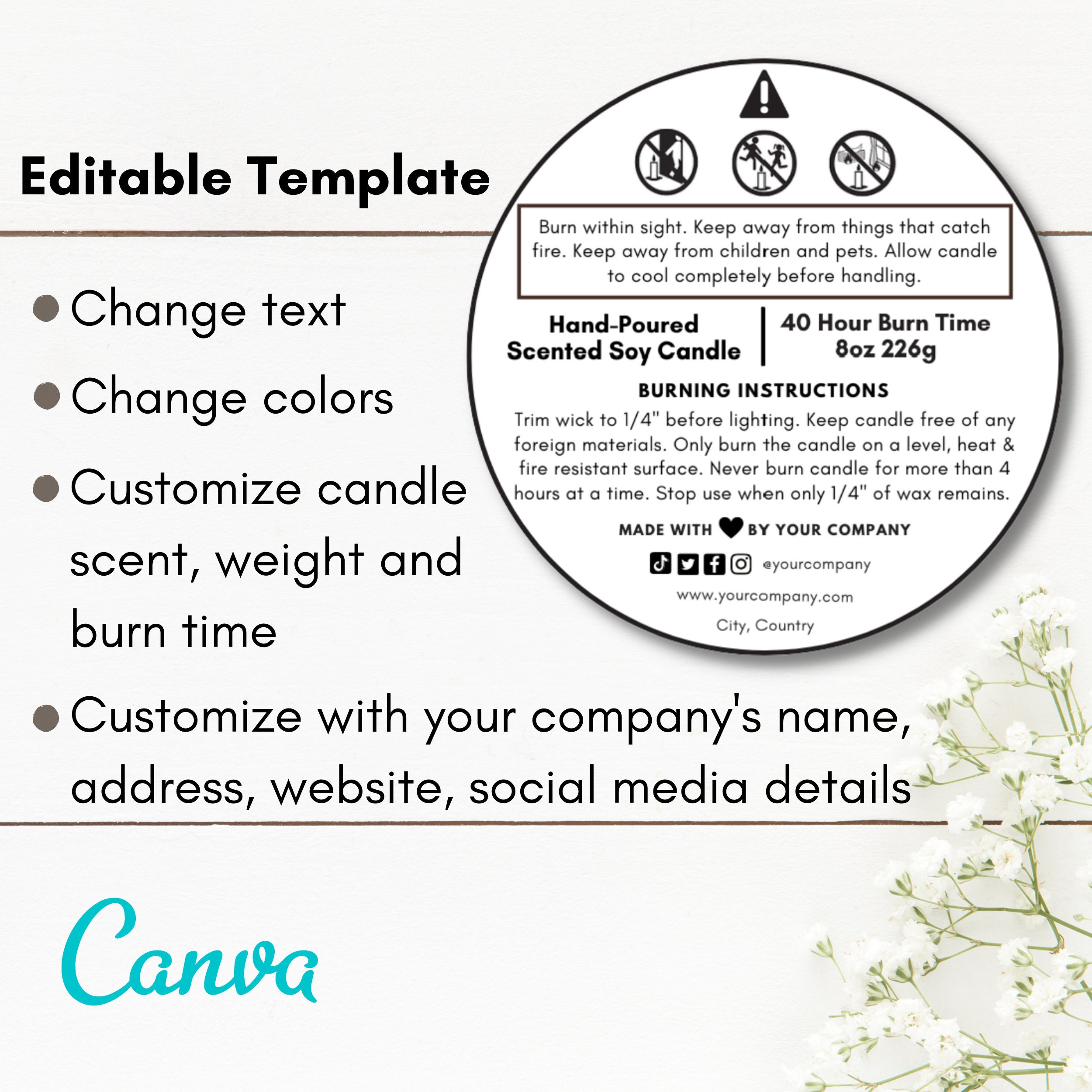 Editable Round Candle Warning Label Template With Canva, Digital ...