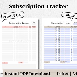 Subscription Tracker Printable Bill Organizer Yearly Bill | Etsy
