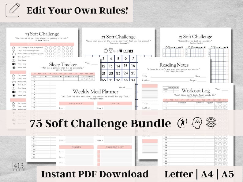 Editable 75 Soft Challenge Tracker, Habit Tracker, 75 Soft Planner ...