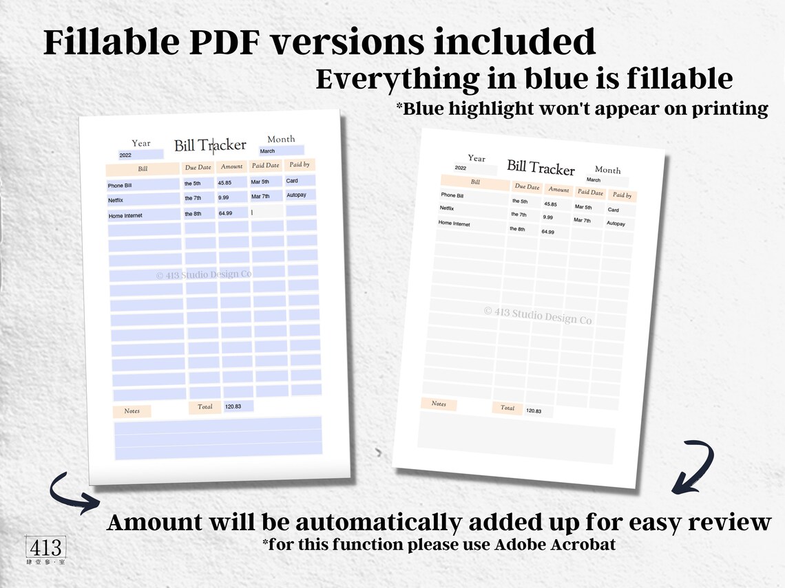 Monthly Bill Tracker Fillable PDF Budget Planning Bill - Etsy