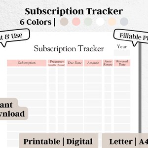 Subscription Tracker Printable, Bill Organizer, Yearly Bill Payment ...